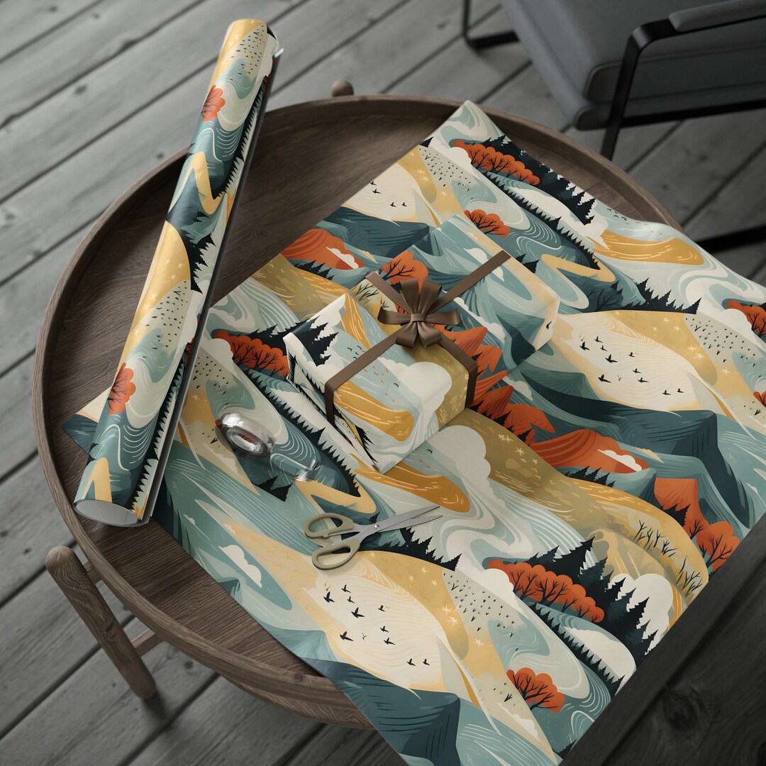 Outdoor Themed Mountains and Rivers Gift Wrap Outdoor Abstract Art ...