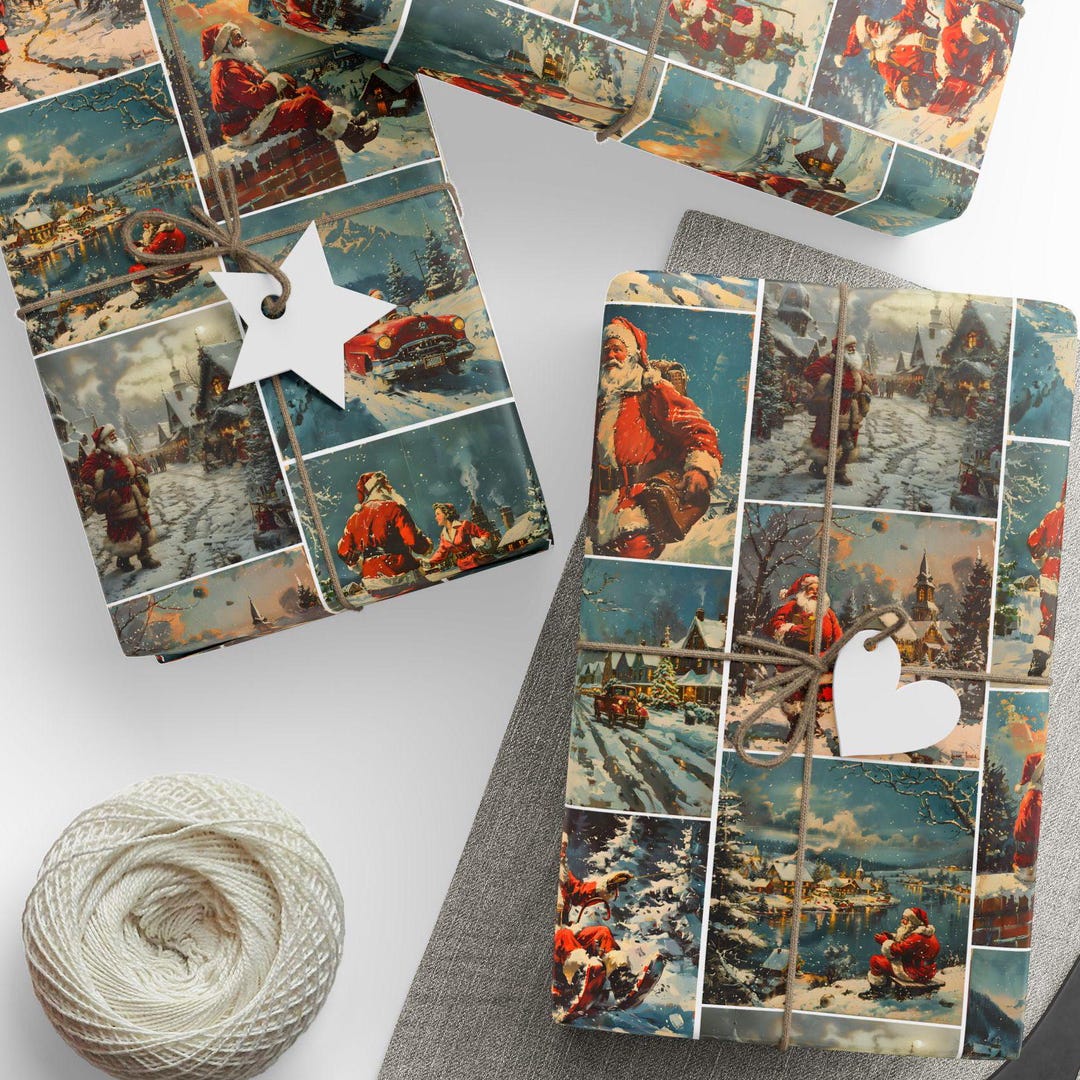 Vintage Santa Gift Wrapping Paper Retro Christmas Gift Wrap for ...