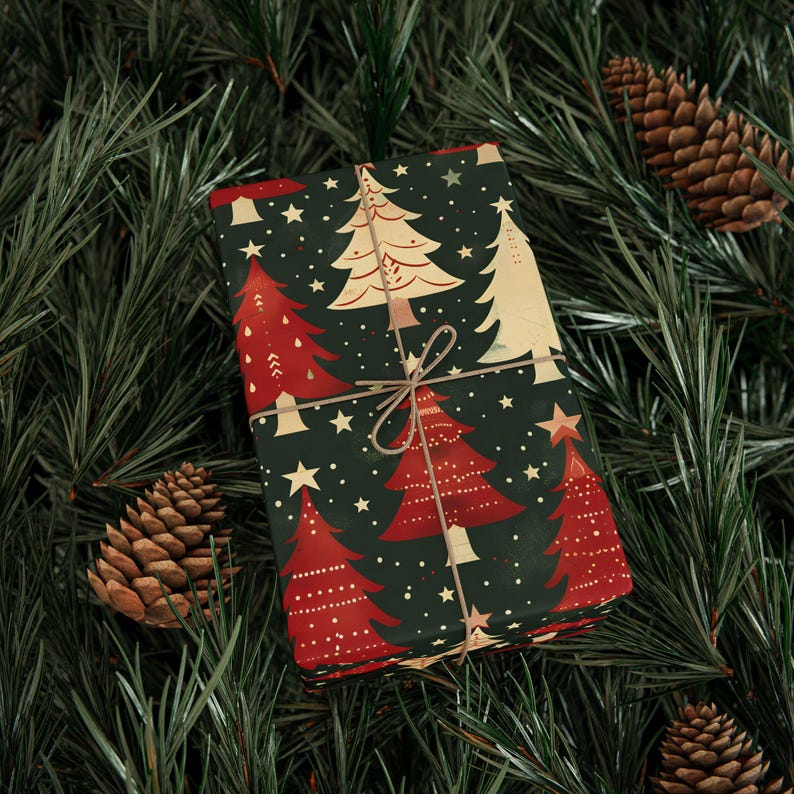 Red and Green Christmas Tree Wrapping Paper Festive Holiday Gift Wrap ...