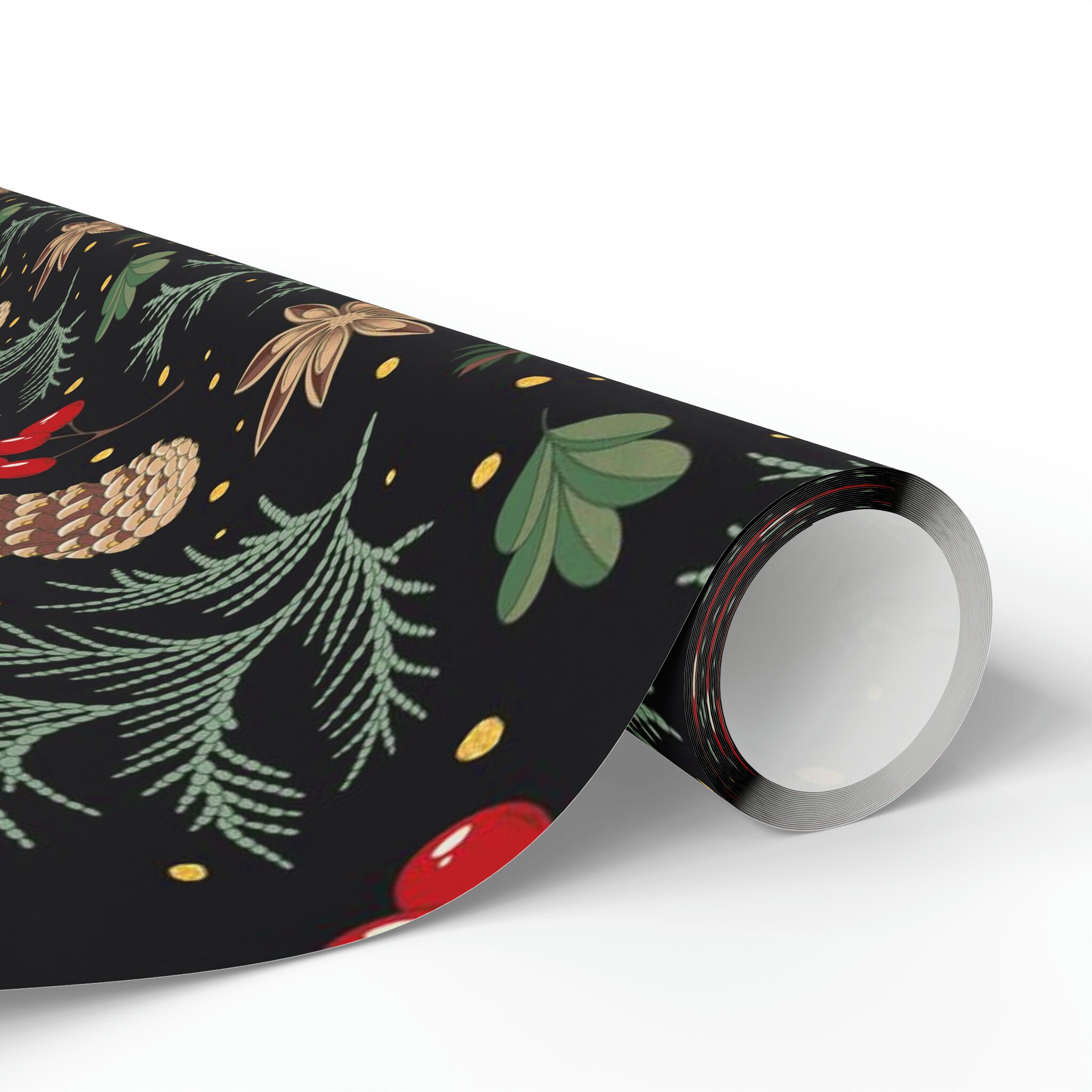 Black Holiday Pines With Holly Christmas Themed Wrapping Paper | Red ...