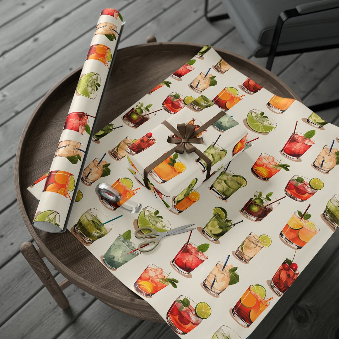 Happy Hour Cocktail Wrapping Paper, Alcoholic Beverage Gift Wrap, Adult ...
