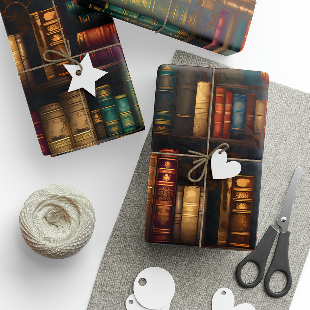 Library Books Themed Gift Wrap Bookworm Wrapping Paper Bookshelf Gift ...