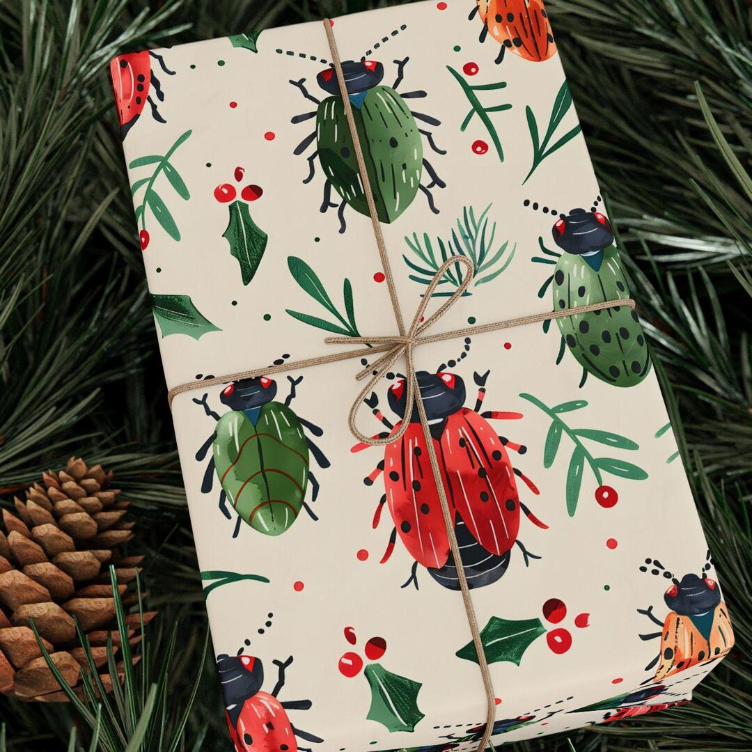 Christmas Bugs Gift Wrap Paper, Green and Red Beetles Wrapping Paper ...