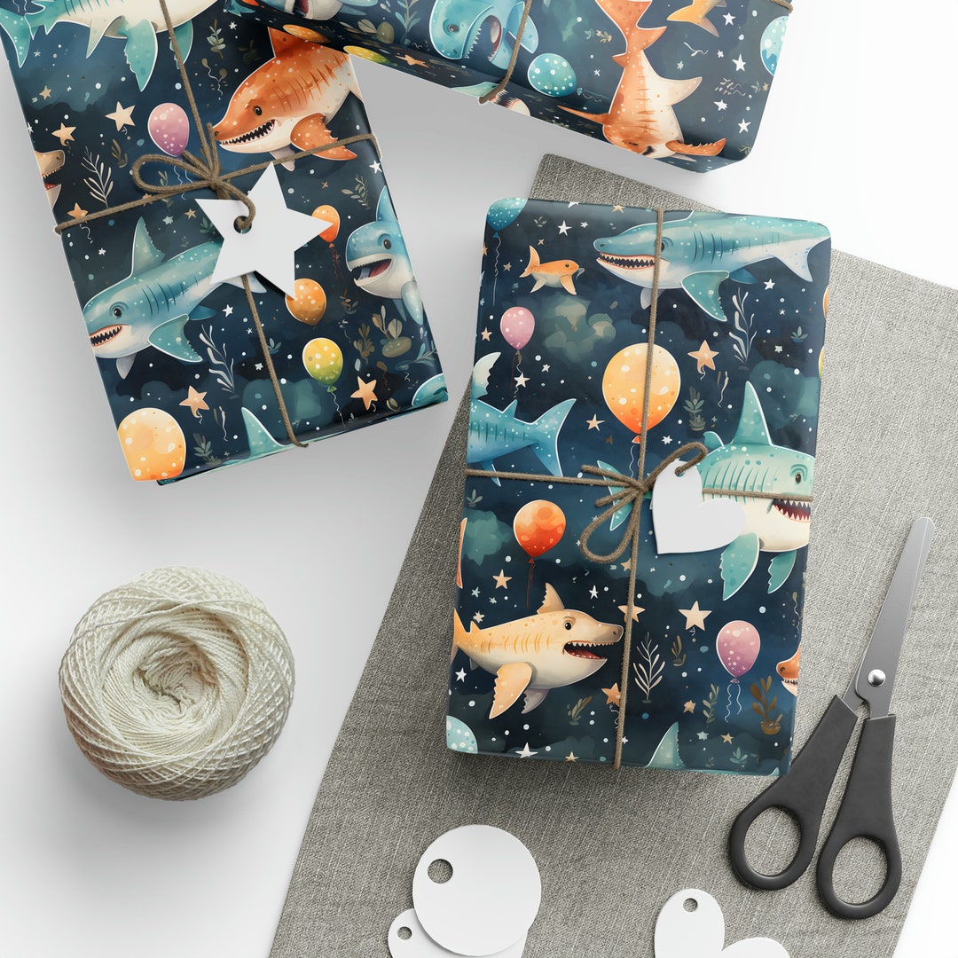 Sharks Birthday Wrapping Paper, Colorful Shark Gift Wrap, Shark Week ...