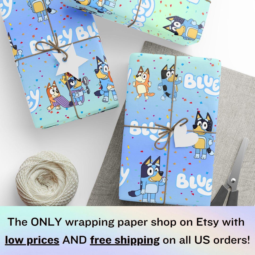 Bluey Birthday Wrapping Paper, Bluey Birthday Party, Blue and Green ...