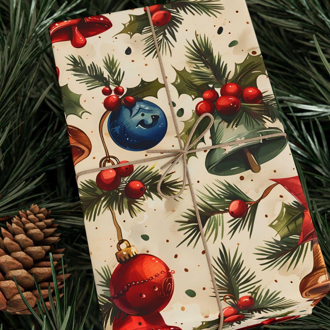 Jingle Bells and Holly Christmas Wrapping Paper With Red Ornaments for ...
