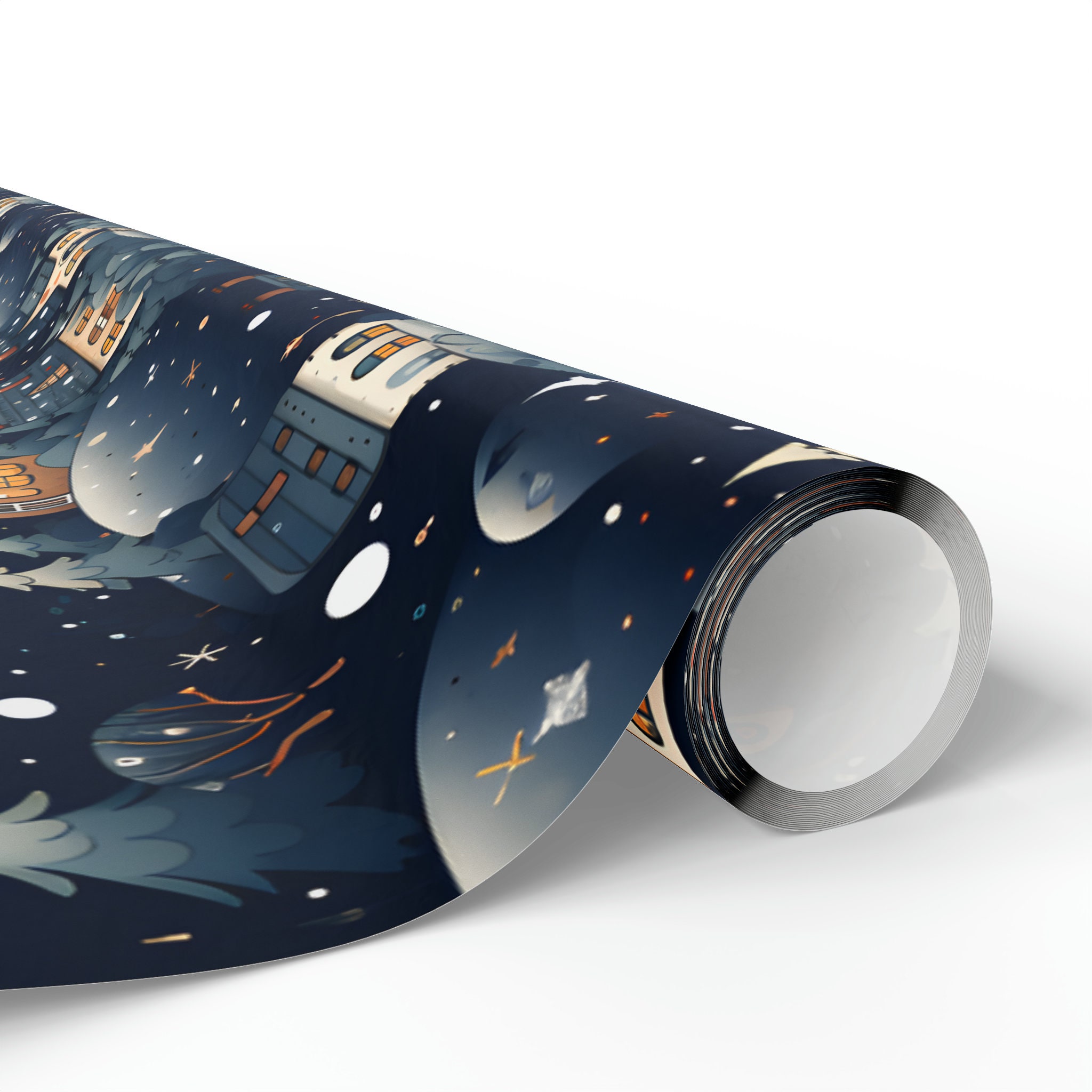 A Starry Night Christmas Village Themed Holiday Winter Wrapping Paper ...