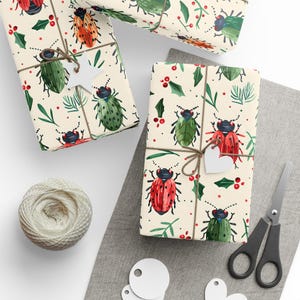 Christmas Bugs Gift Wrap Paper, Green and Red Beetles Wrapping Paper ...