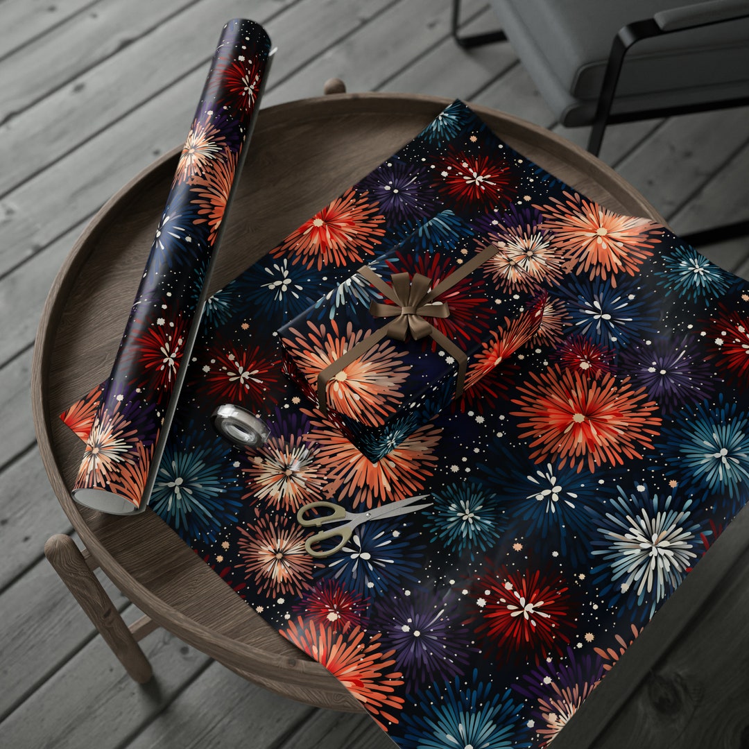 Firework Themed Wrapping Paper Celebration Firework Gift Wrap Rainbow ...