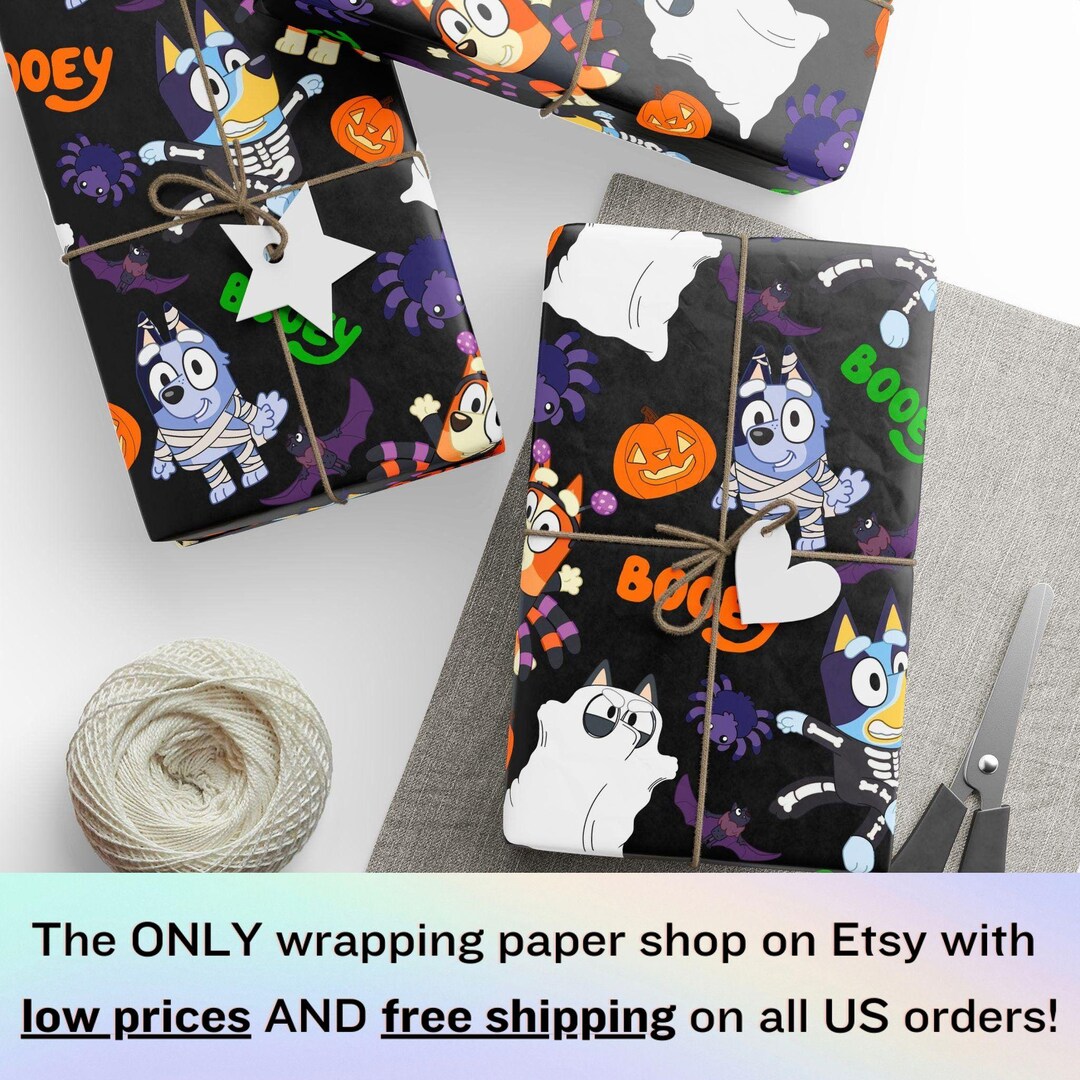 Halloween Bluey and Bingo Gift Wrap, Booey Haunted Wrapping Paper ...