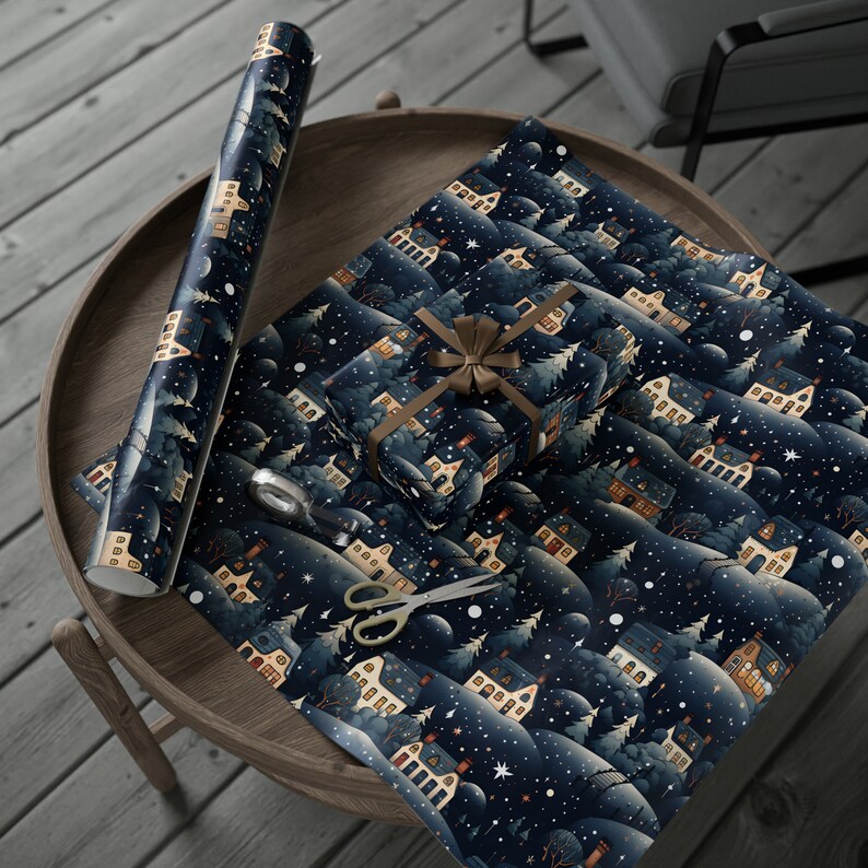 A Starry Night Christmas Village Themed Holiday Winter Wrapping Paper ...