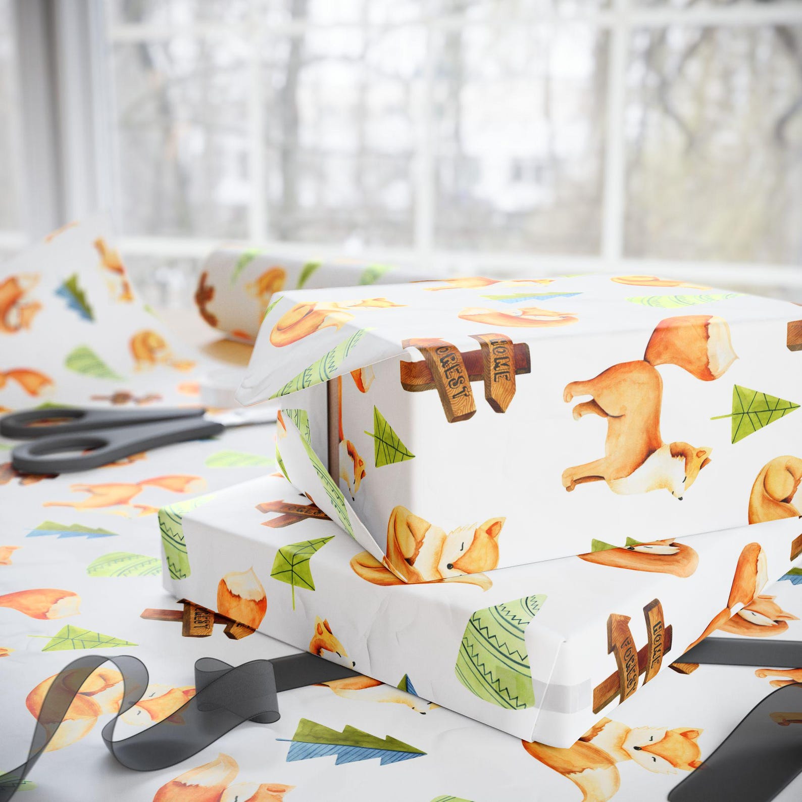 Adorable Foxes in the Forest Wrapping Paper, Fox Baby Shower Gift Wrap ...