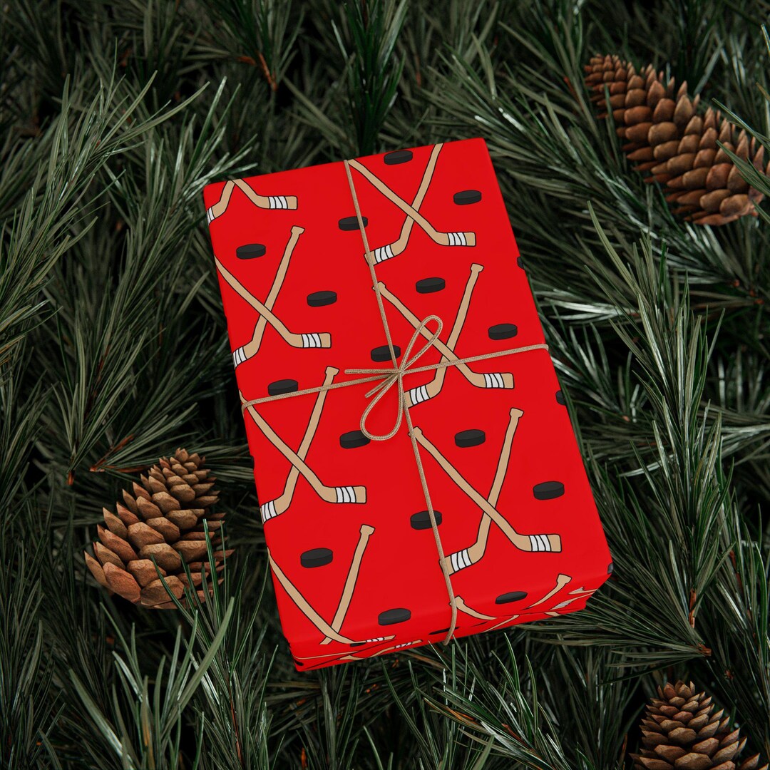 Red Hockey Wrapping Paper, Hocky Stick and Puck Gift Wrap for Birthdays ...