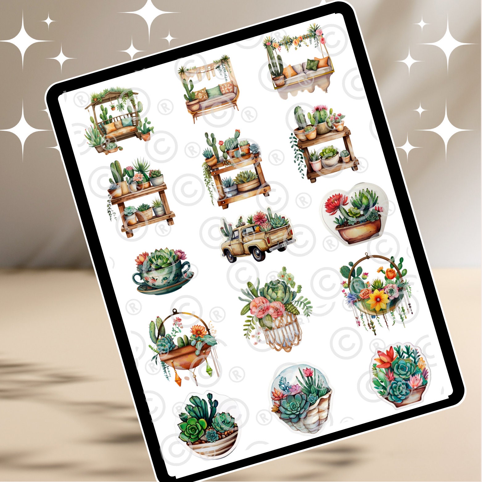 Digital Stickers Printable Stickers 210 Succulents Stickers Watercolour ...