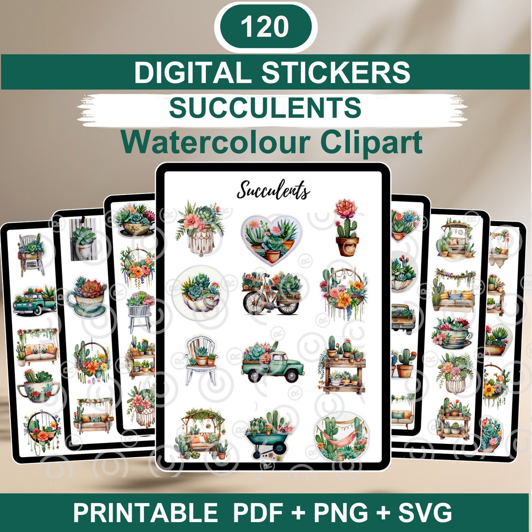 Digital Stickers Printable Stickers 210 Succulents Stickers Watercolour ...
