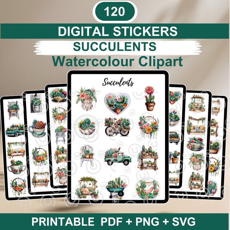 Digital Stickers Printable Stickers 210 Succulents Stickers Watercolour ...