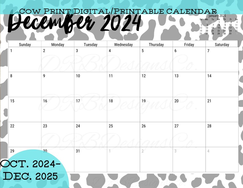 Cow Print Digital Calendar, Printable , Oct 2024 to December 2025 ...