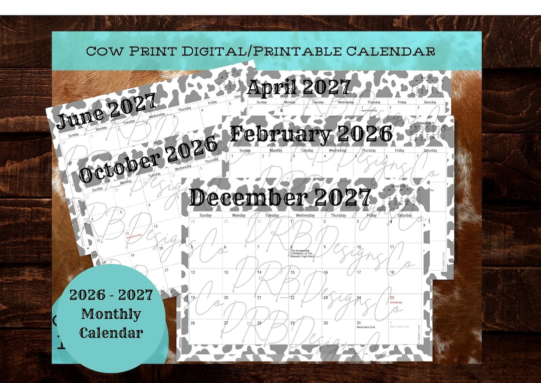 Western Cow Print Digital Calendar, January 2026 to December 2027 ...
