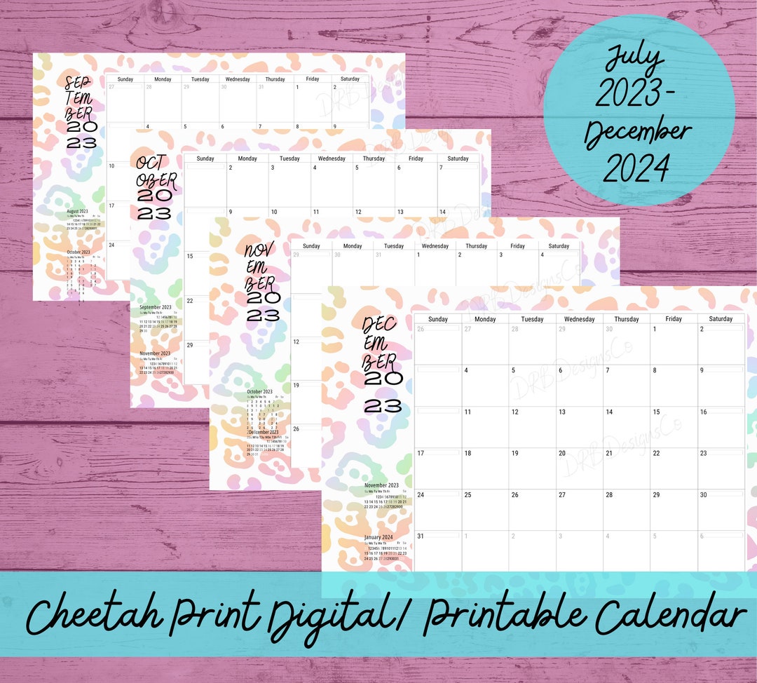 Monthly Planner Printable Rainbow Cheetah Print Calendar 2023 to 2024 ...