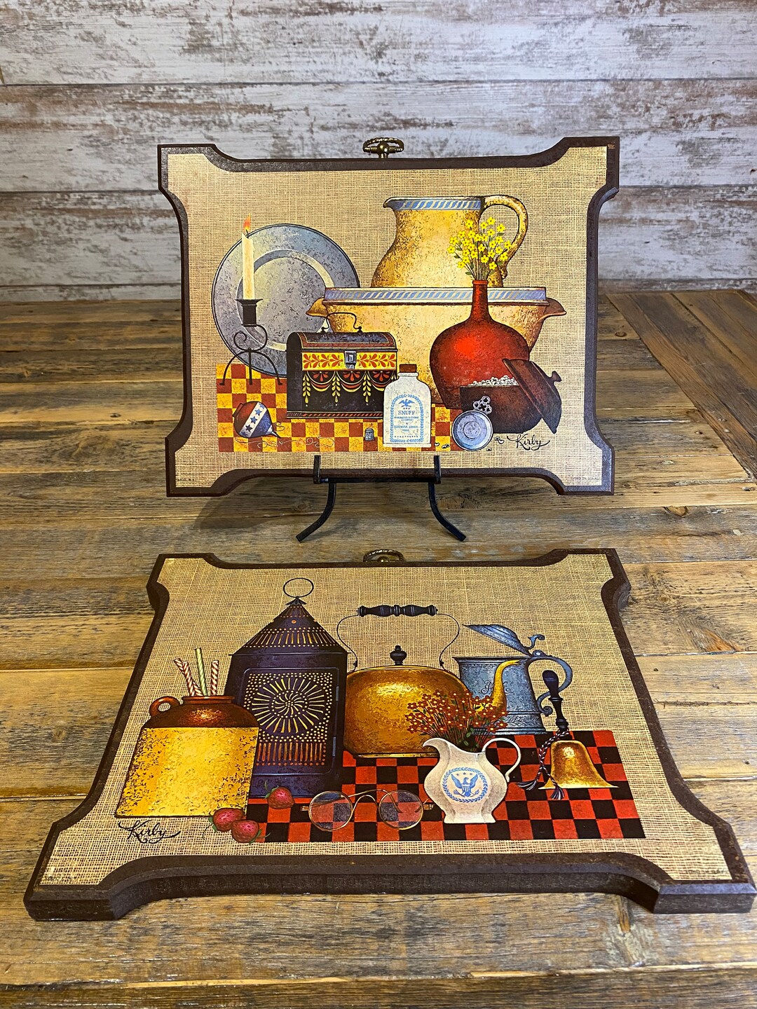 Set of Two Vintage Kirby Stapco Lithograph Pressed Wood Retro Colonial ...