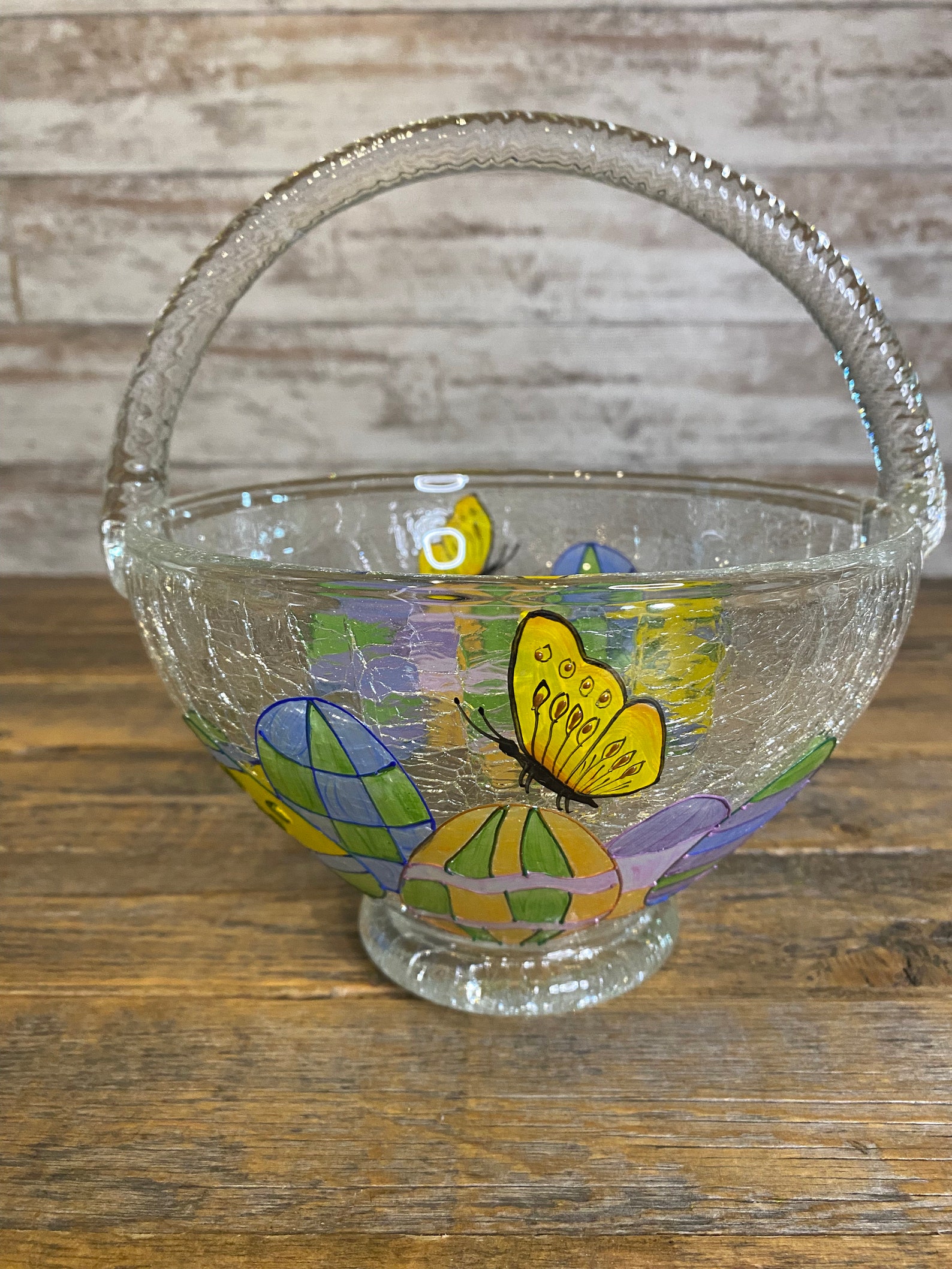 Vintage Glass Easter Eggs and Butterfly Crackle Basket Candy Bowl With ...