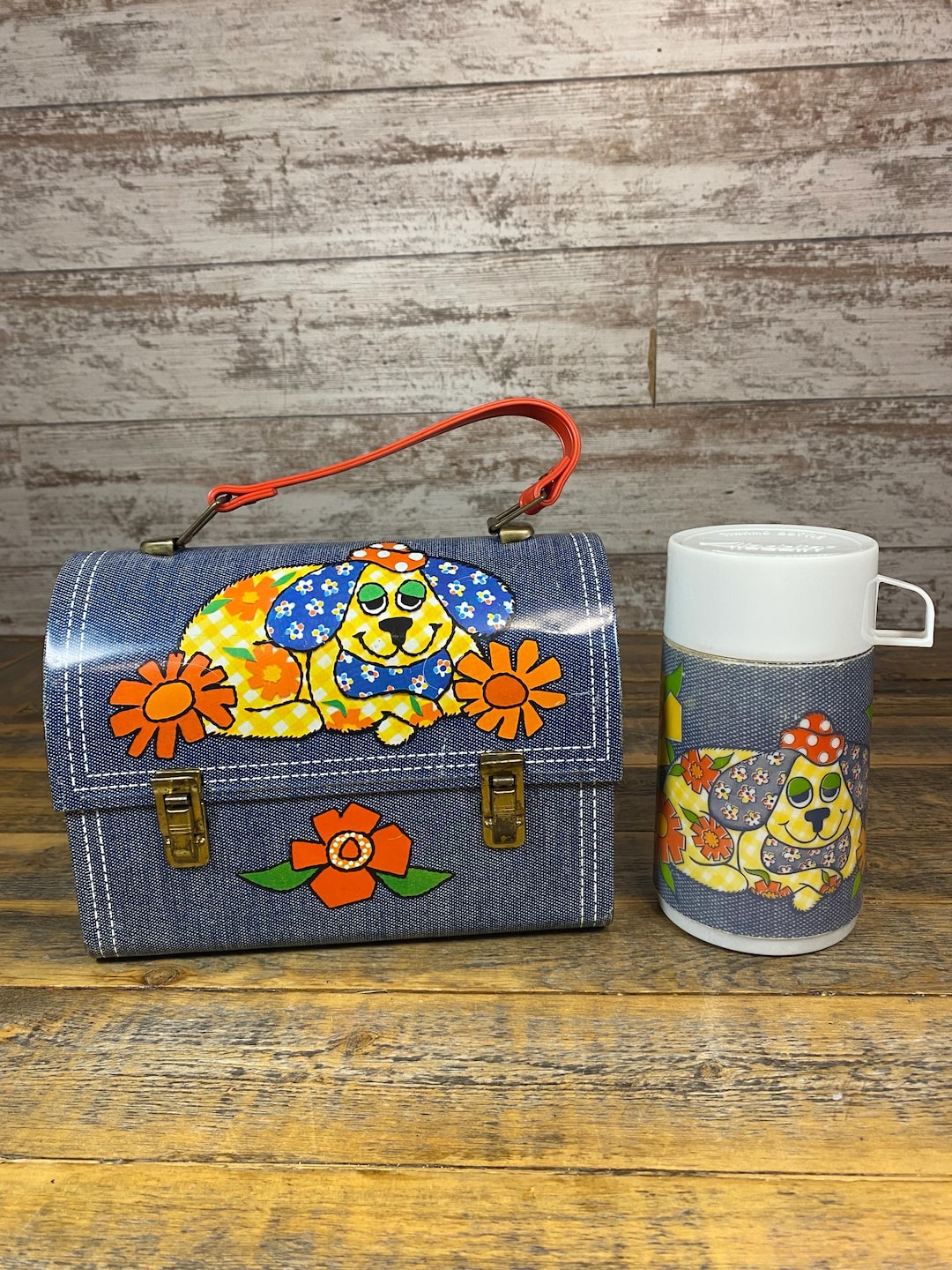 Vintage Aladdin Denim Flower Daisy Dog Metal Domed Lunchbox and Thermos ...