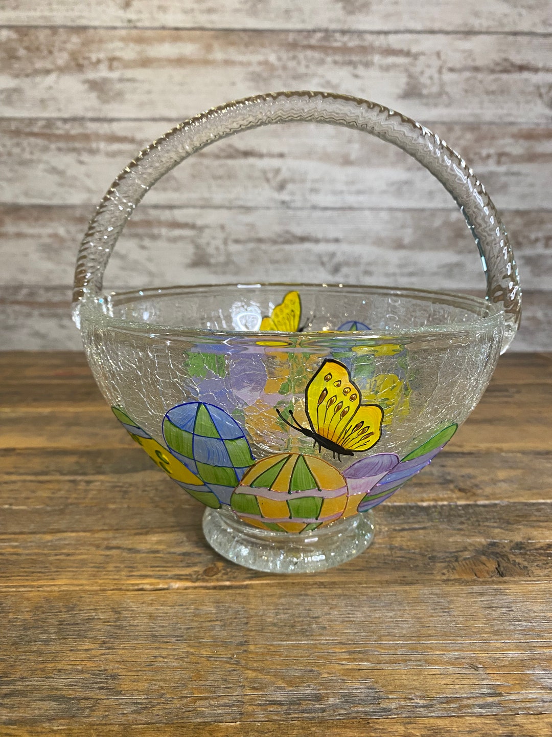 Vintage Glass Easter Eggs and Butterfly Crackle Basket Candy Bowl With ...