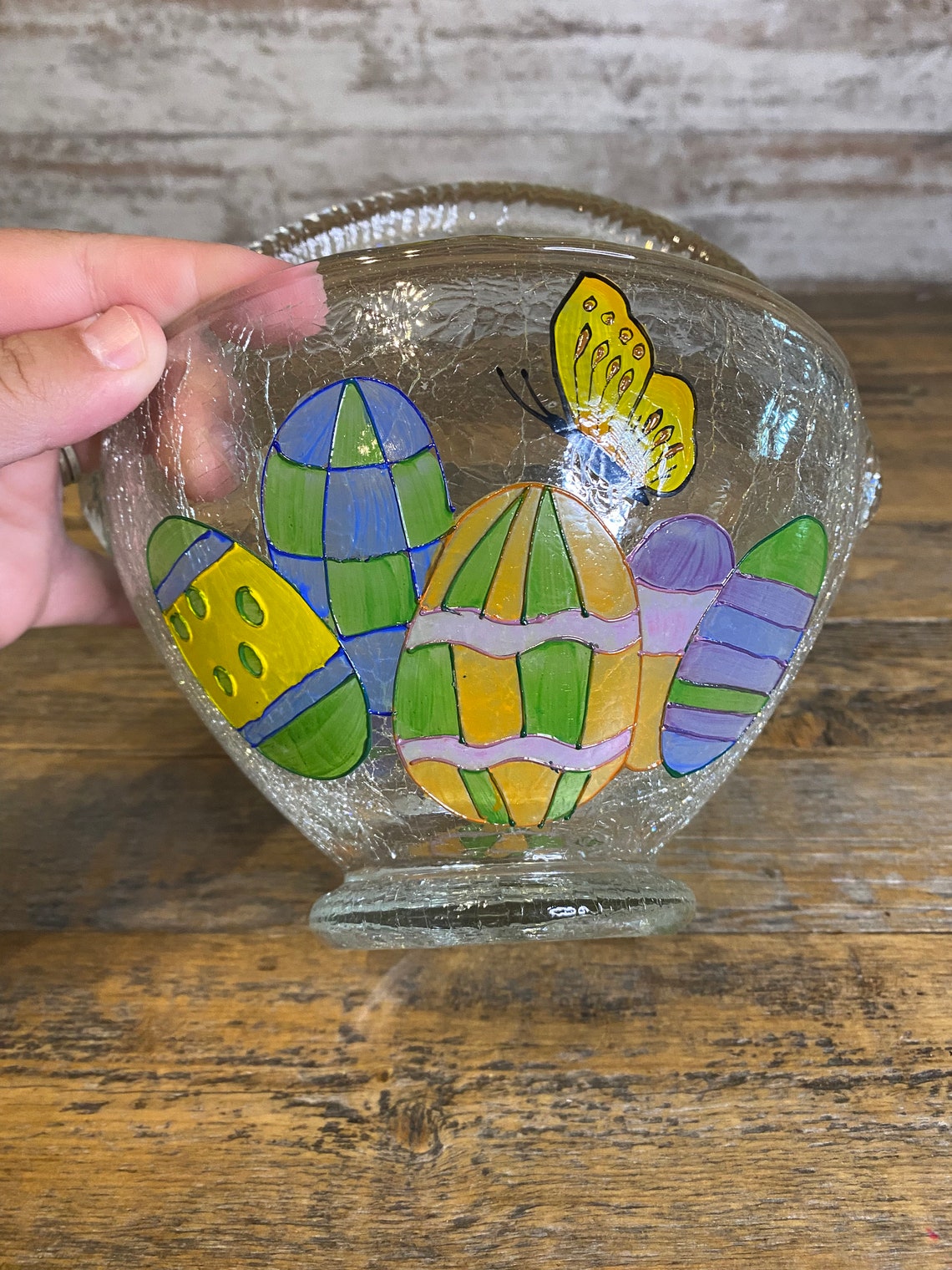 Vintage Glass Easter Eggs and Butterfly Crackle Basket Candy Bowl With ...
