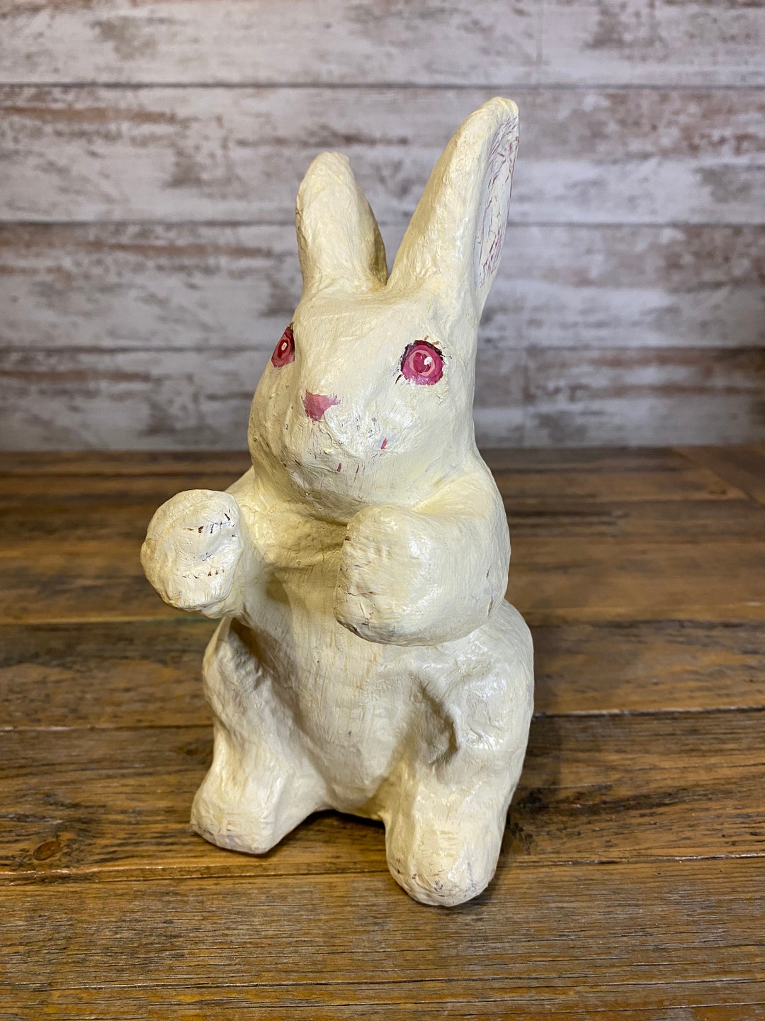 Vintage Handmade Paper Mache Bunny Rabbit Figurine Statue White and ...