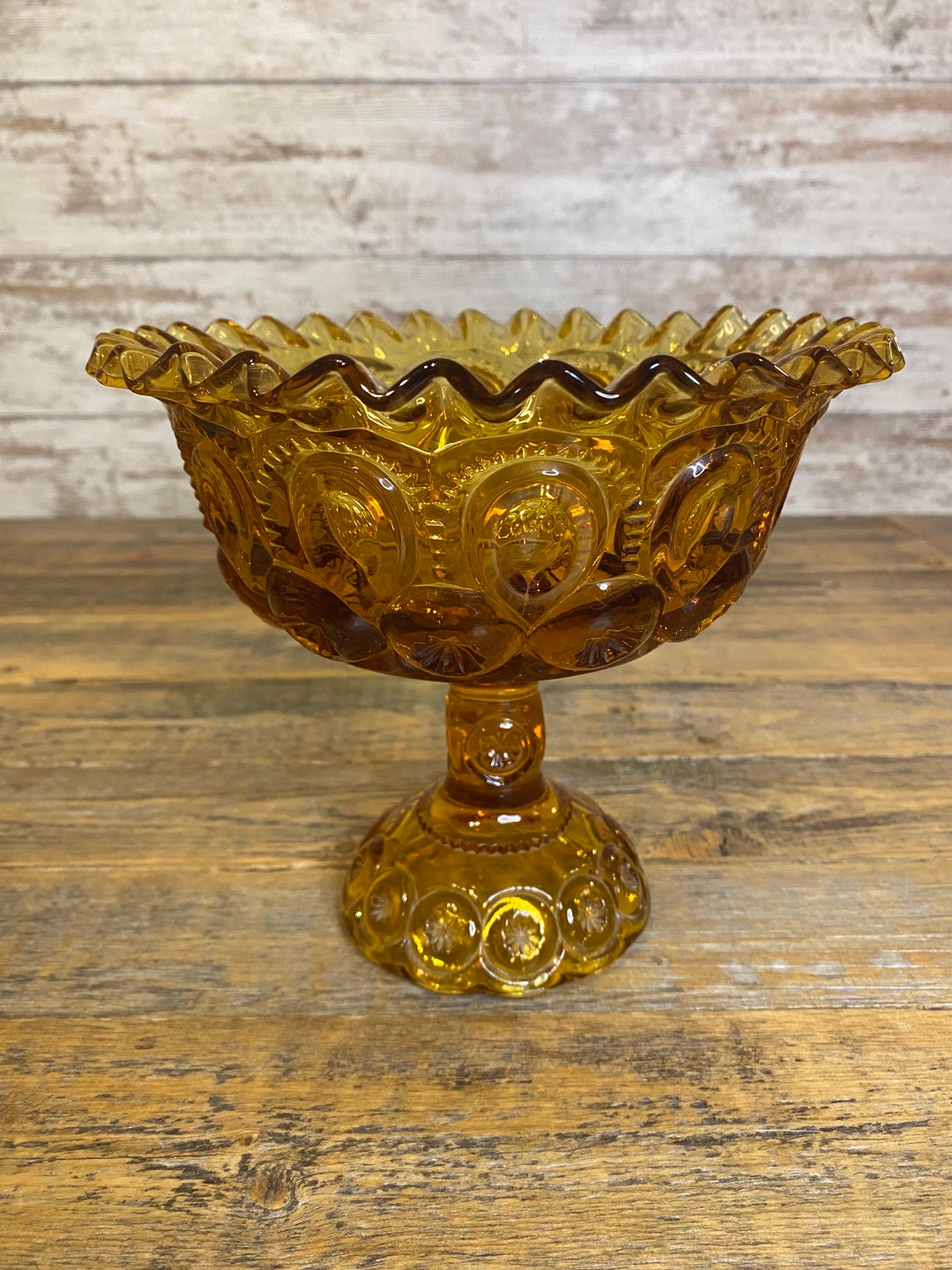 Vintage Amber Glass Moon and Stars Ruffled Edge Compote Dish Bowl - L.E ...