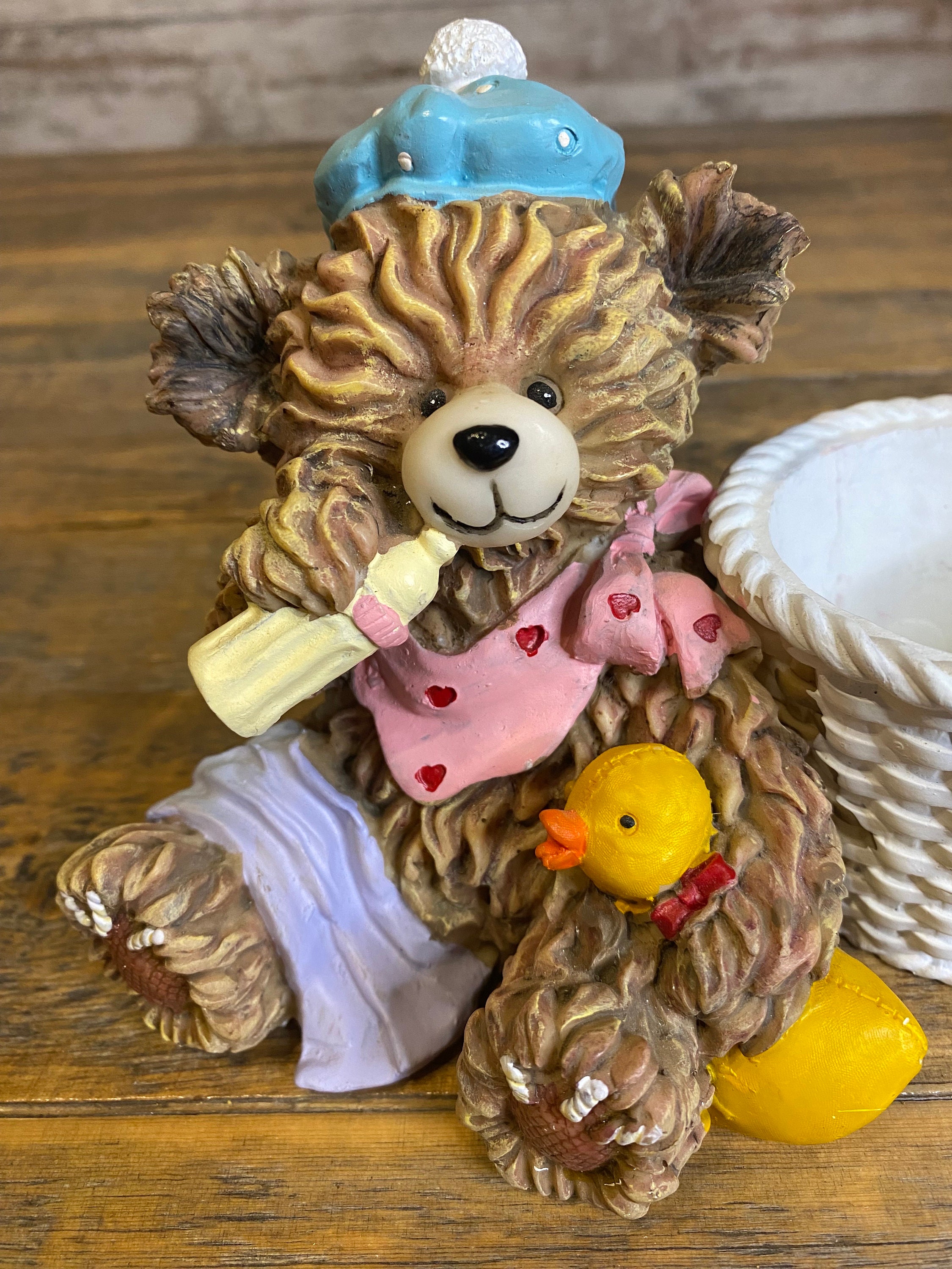 Vintage Teddy Bear Baby Holding Bottle and Rubber Duck With Basket ...