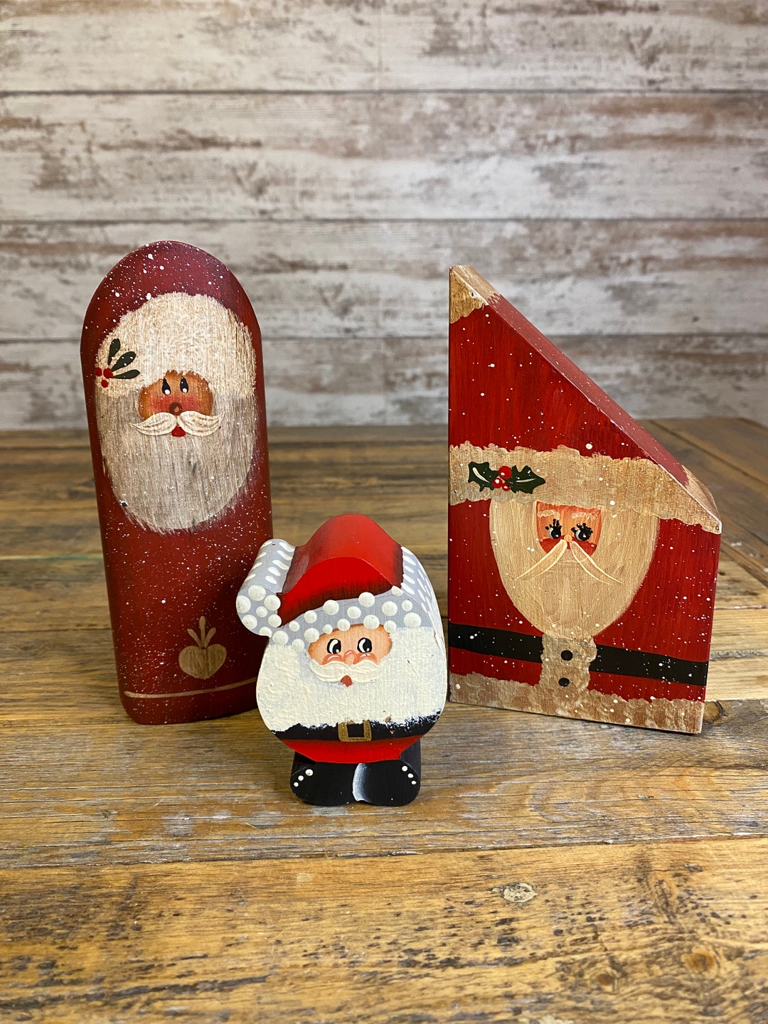 Set of 3 Vintage Hand Painted Folk Art Wood Santa Claus - Etsy