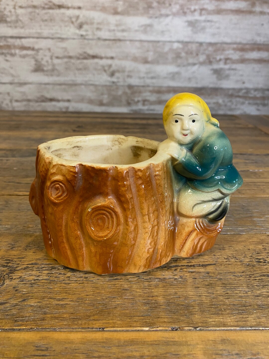Vintage Elf on Log Tree Stump Ceramic Planter - Cottage Core Style MCM ...