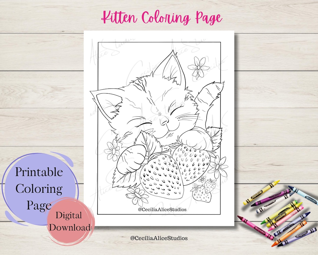 Kitten and Strawberry - Kitten Coloring Page - Cute Kitten - Handmade ...