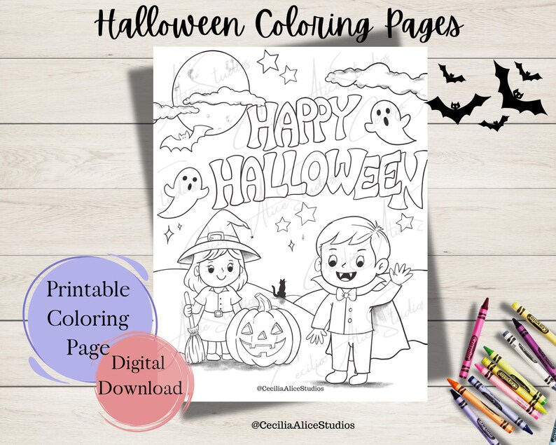 Halloween Cartoon Coloring Page – Kids Spooky Printable (digital ...