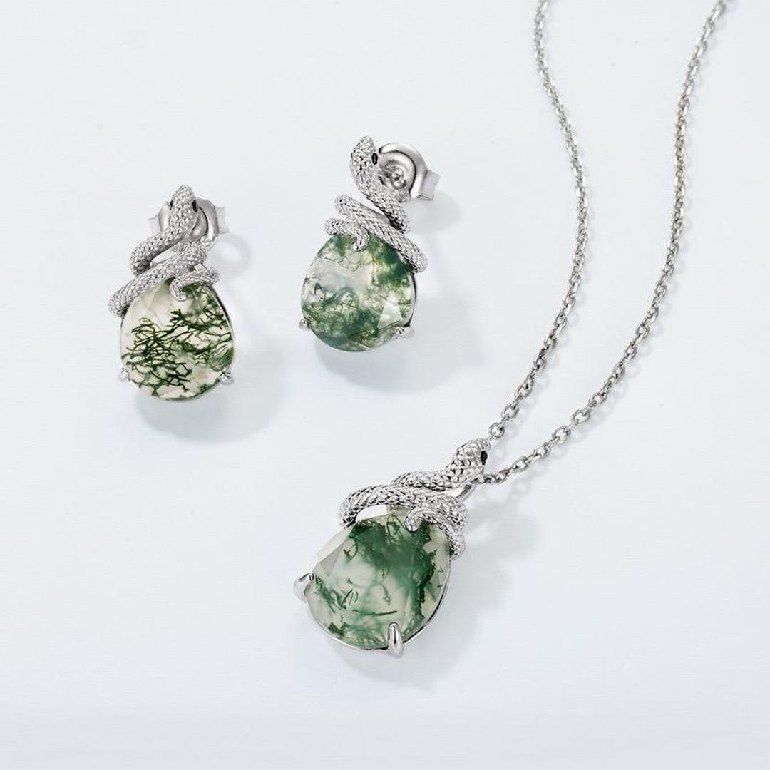 Moss Agate Snake Jewelry Set: Sterling Silver Necklace and Earrings - Etsy