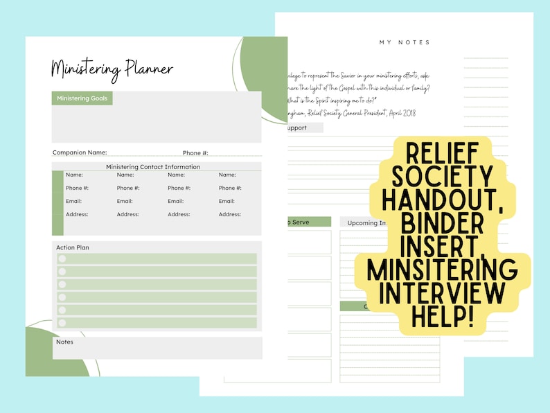 Ministering Planner, Relief Society & Young Women Handout or Binder ...