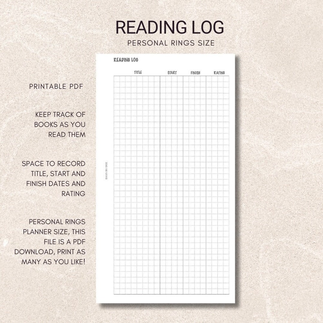 Reading Log, Personal Size, Printable Planner Insert, Reading Tracker ...