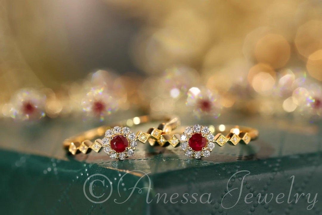 Mini Pigeon Red Ruby Engagement Ring, Small Ruby Solitaire Halo Diamond ...