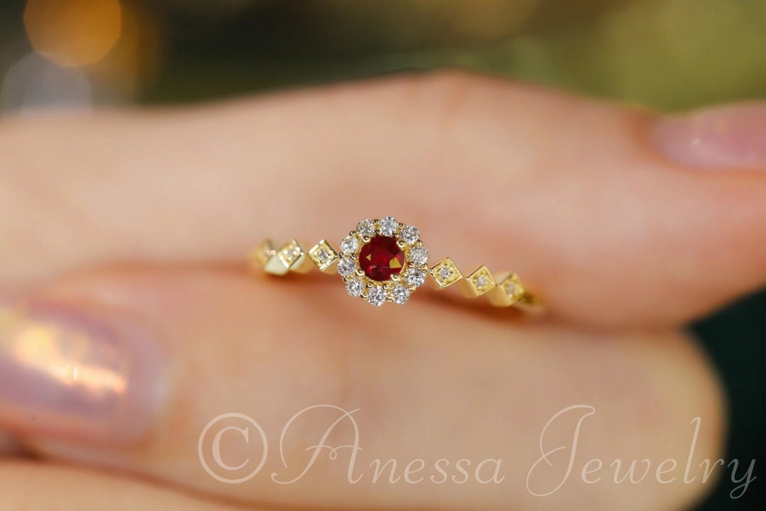 Mini Pigeon Red Ruby Engagement Ring, Small Ruby Solitaire Halo Diamond ...