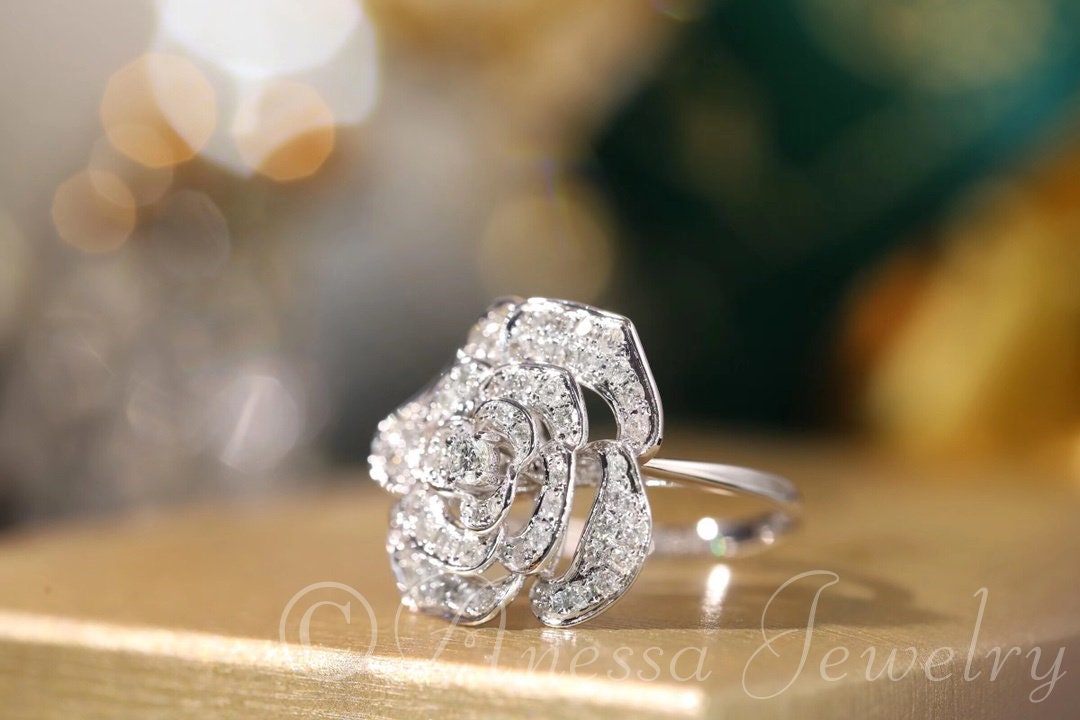 Big Rose Flower Bold Statement Ring, Lab Grown Diamond Floral ...