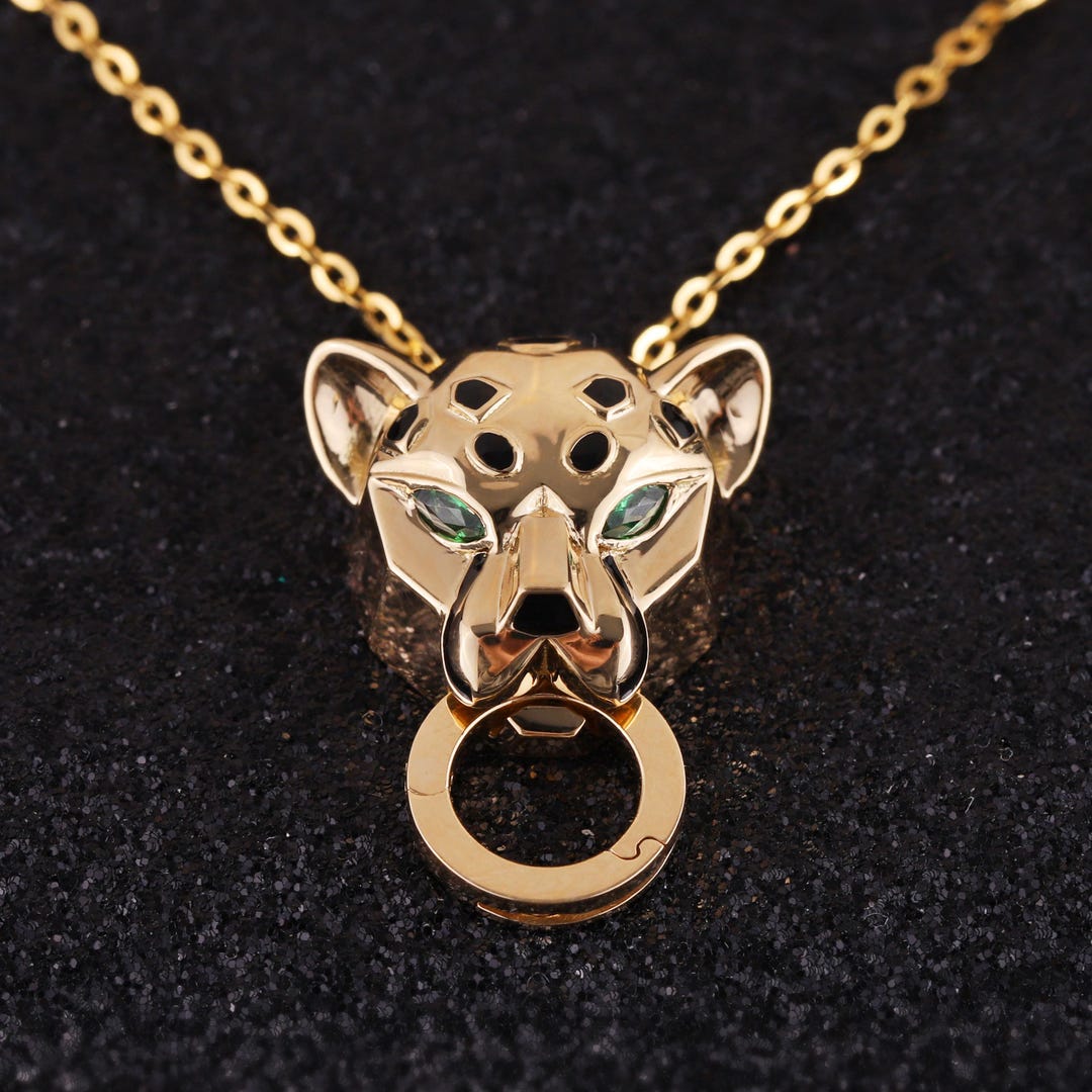14k Solid Gold Tsavorite Leopard Head Pendant, Domineering Cheetah ...
