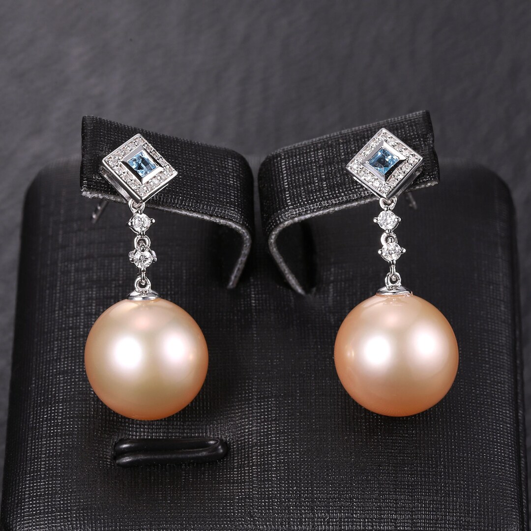 Natural Flesh Pink Pearl Diamond Drop Earrings, Pearl Dangle Earrings ...
