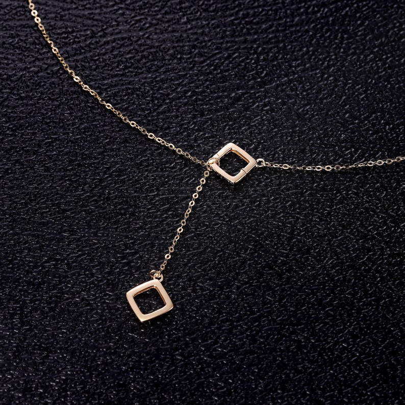 14k Solid Gold Simple Y Shape Lariat Necklace Women, Hollow Design ...