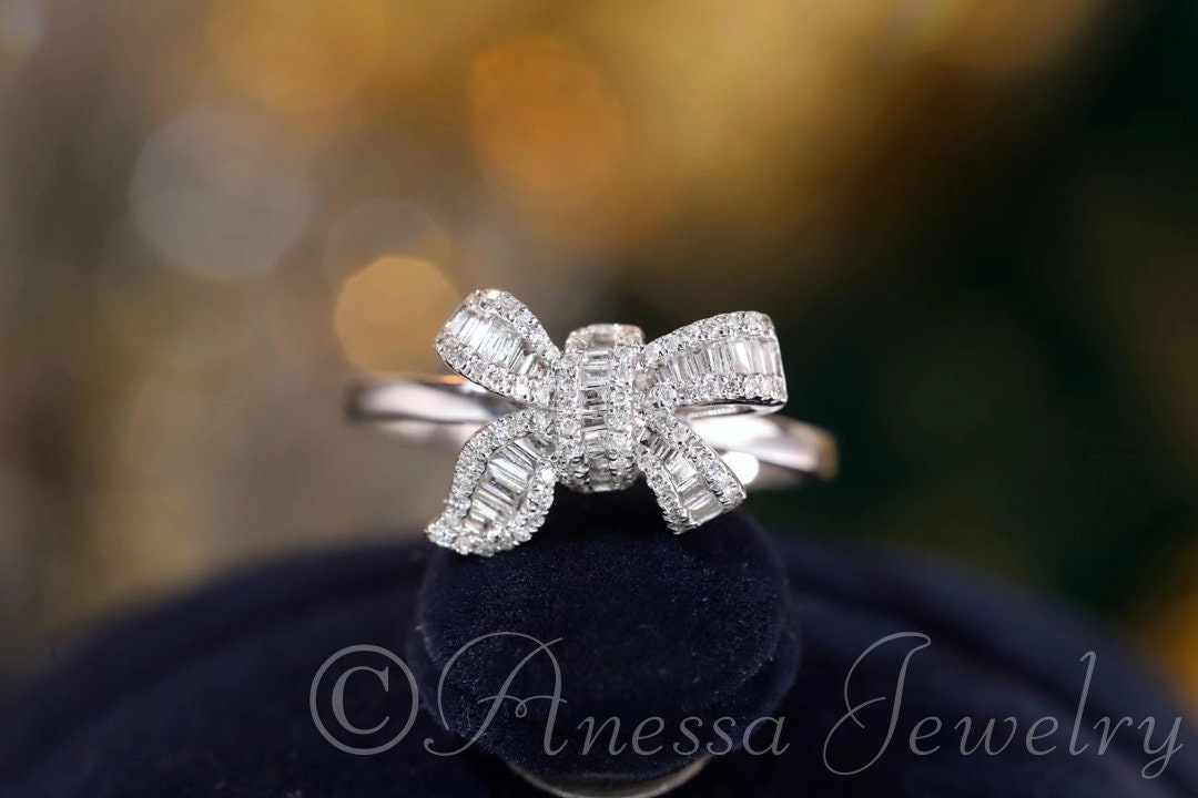 14K White Gold Diamond Bow Ring, Bowknot Design Round and Baguette Cut ...
