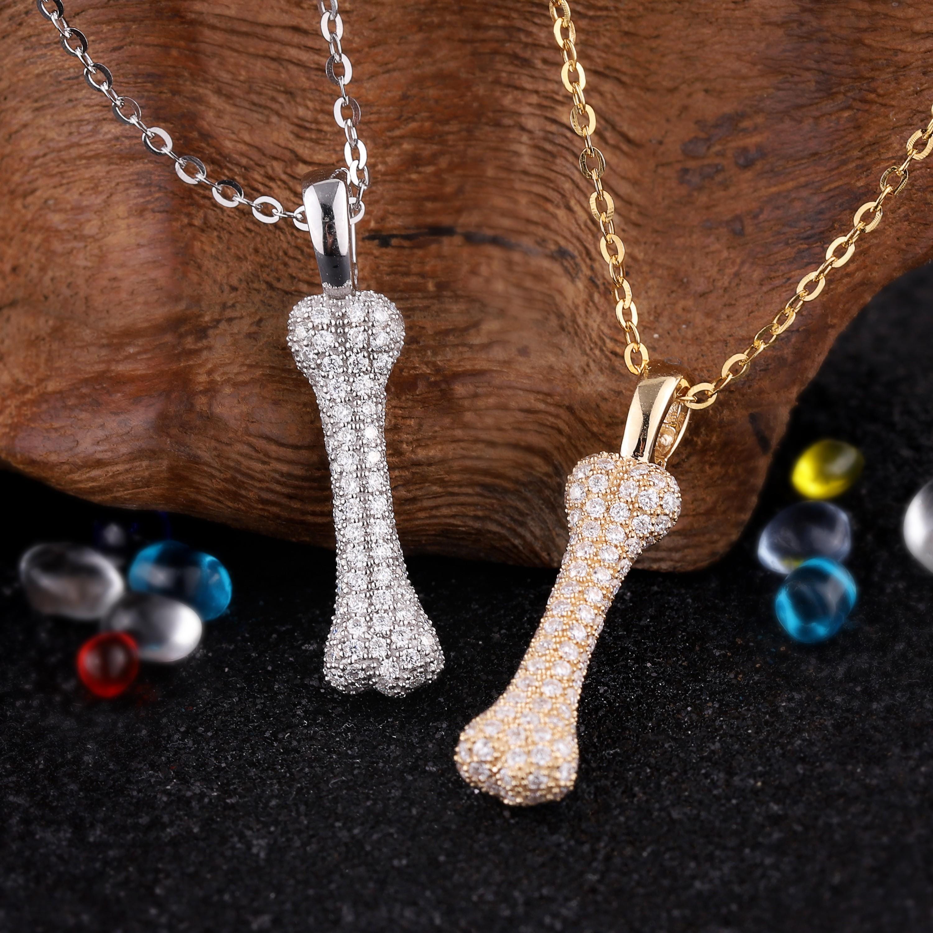 Personalized 14k White Gold Full Diamond Bone Pendant, Dog Bone ...