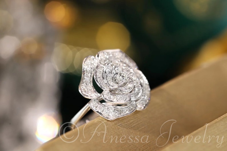 Big Rose Flower Bold Statement Ring, Lab Grown Diamond Floral ...