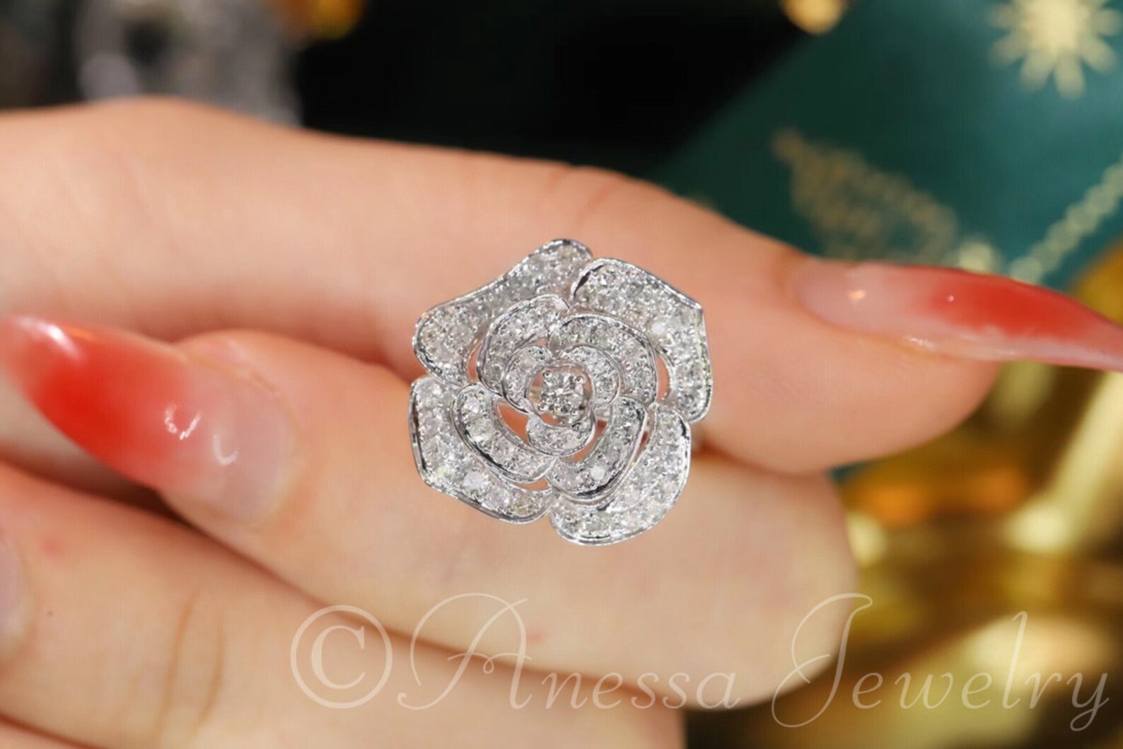 Big Rose Flower Bold Statement Ring, Lab Grown Diamond Floral ...