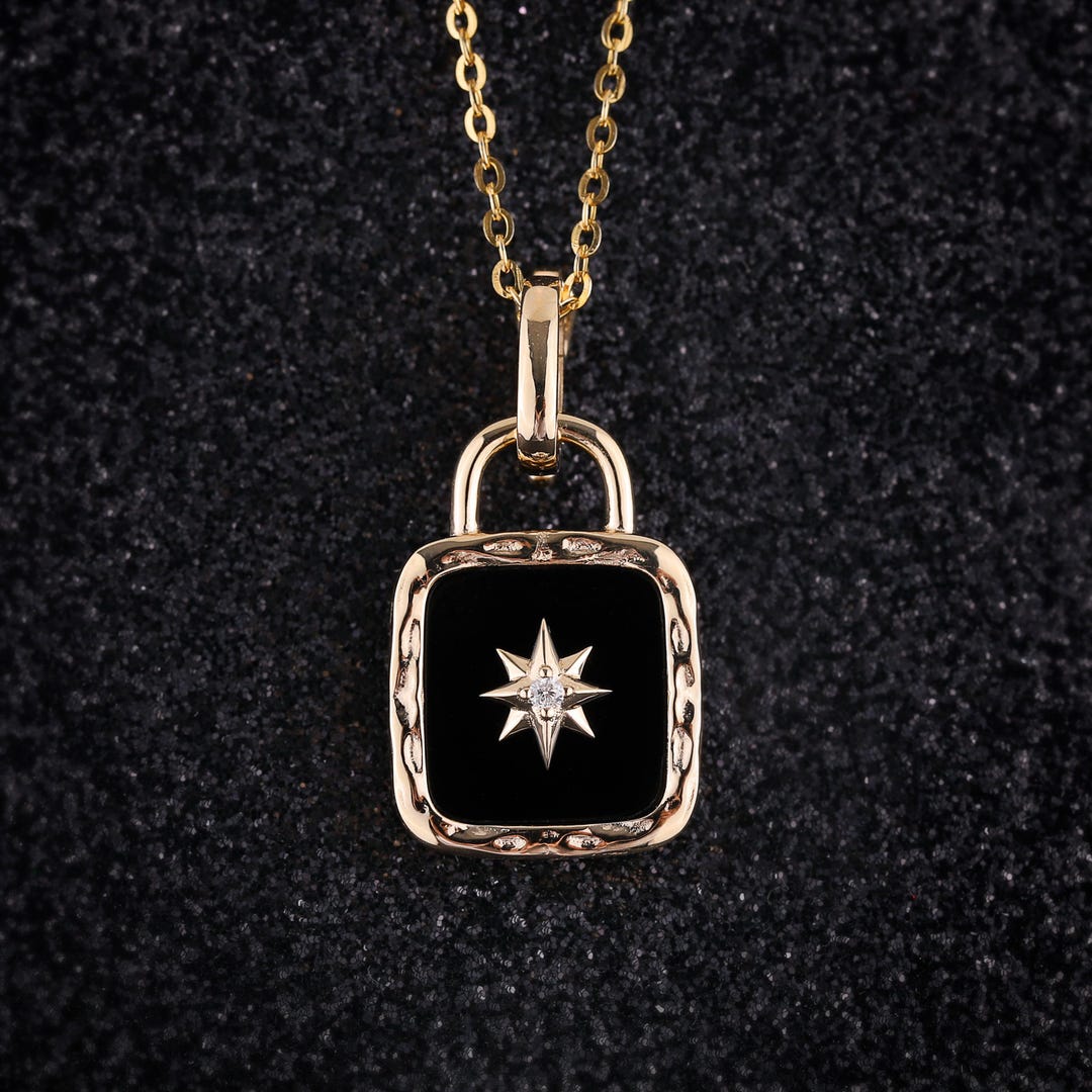 Night Sky Star Diamond Lock Necklace, 14K Gold Black Onyx Lock Pendant ...
