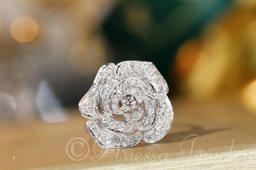Big Rose Flower Bold Statement Ring, Lab Grown Diamond Floral ...